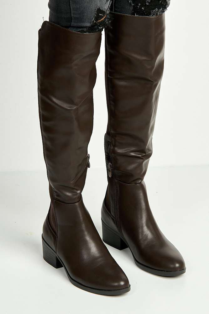 Lira Elastic Back Gusset Low Heel Calf Boots in Brown – Miss Diva