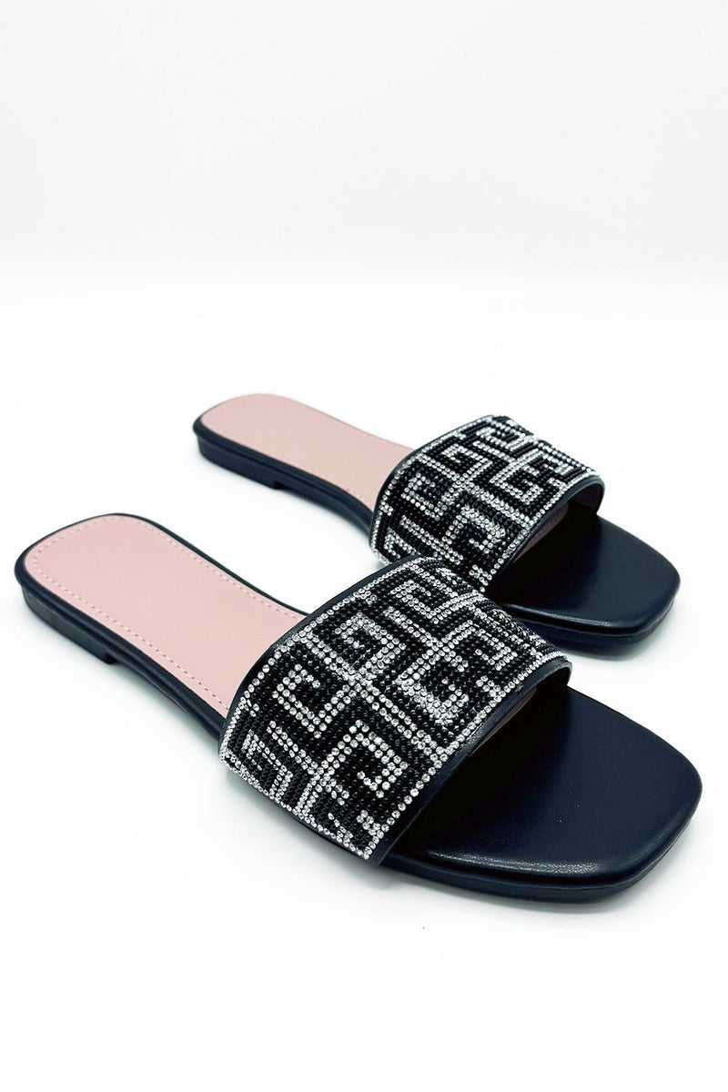 Gloria Diamante Patterned Band Flat Sliders in Black – Miss Diva
