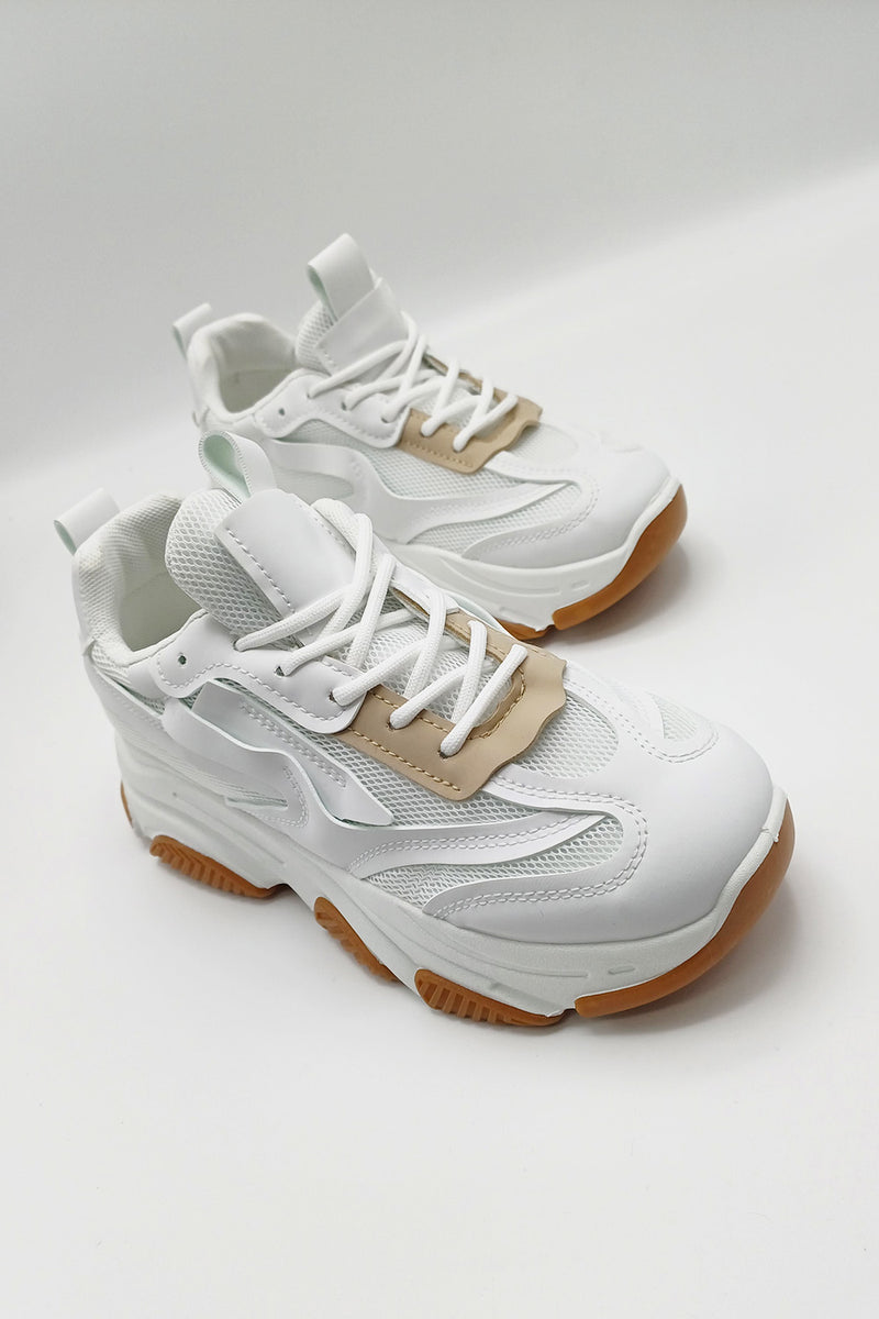 Nyla Chunky Sole Lace-Up Mesh Panel Trainers in White – Miss Diva