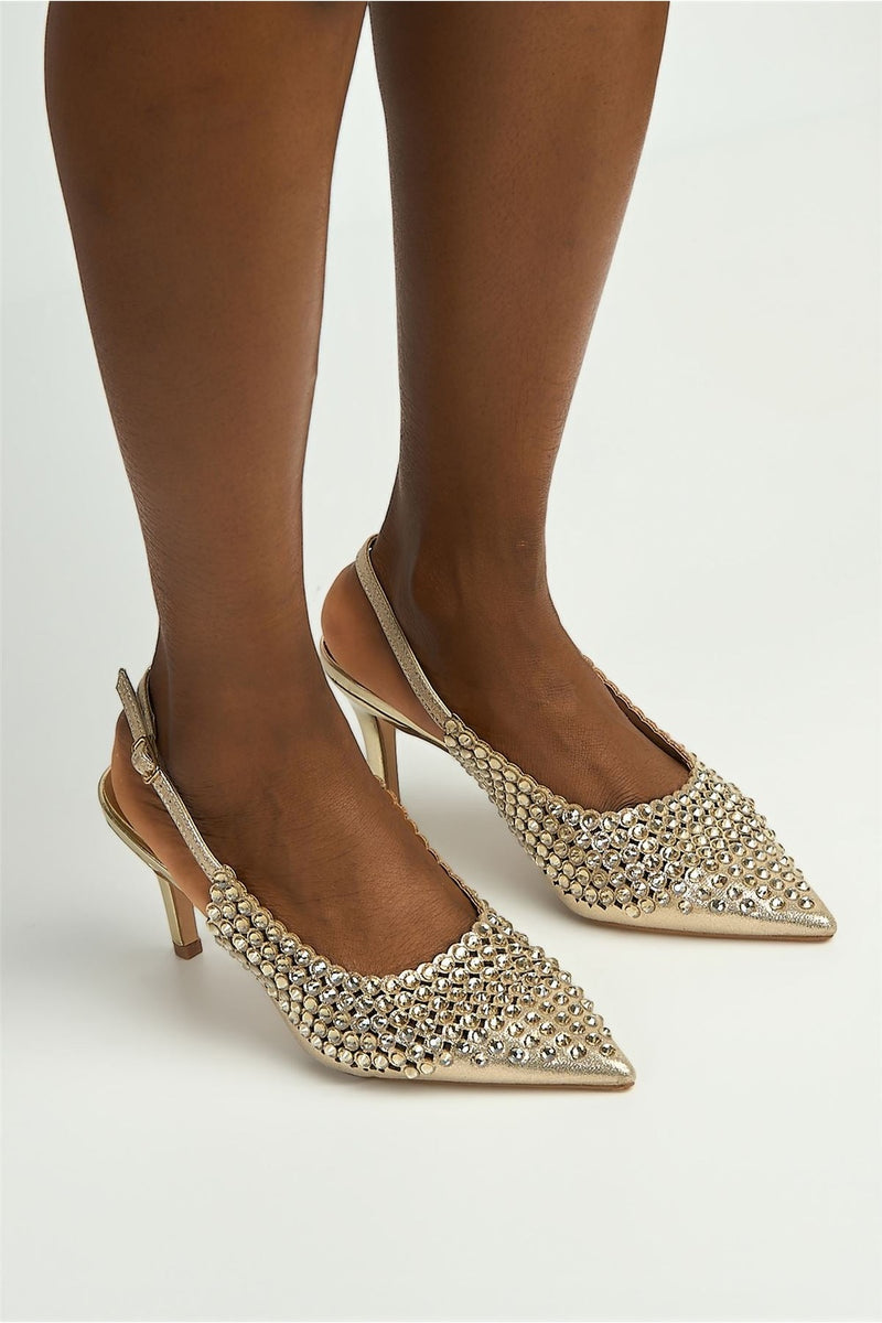 Seriea Mirror Encrusted Slingback Court Shoes in Gold – Miss Diva