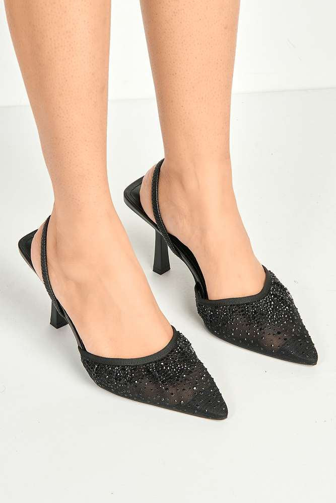 Lenora Gemstone Embellished Mesh Slingback Court Shoes in Black – Miss Diva