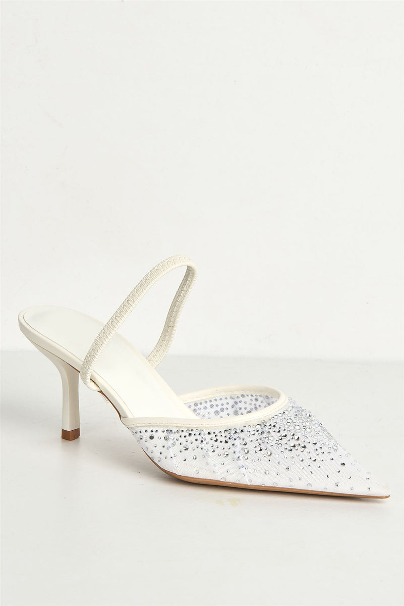 Cynthia Gemstone Embellished Mesh Slingback Court Shoes in White – Miss ...