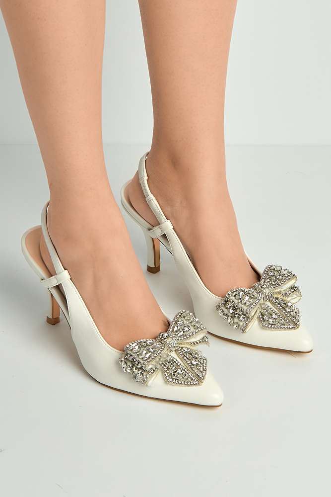 Celia Diamante Bow Pointed Toe Slingback Court Shoes in White – Miss Diva