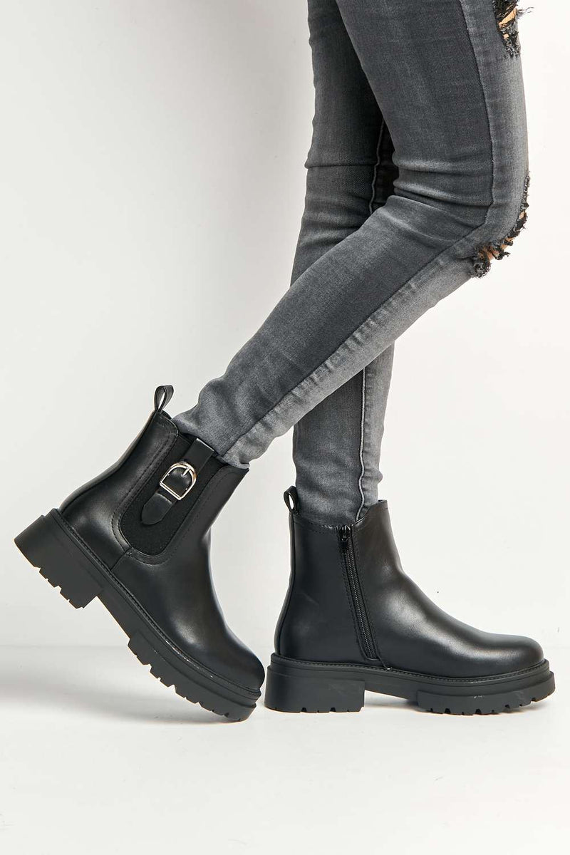 Inge Buckle Detail Stretch Panel Ankle Boots in Black Matt – Miss Diva