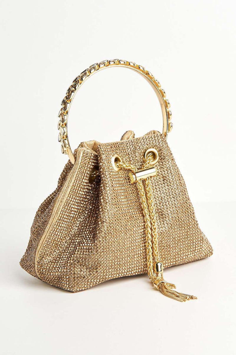 Boujee Diamante Embellished Pouch Bag with Metal Handle in Gold – Miss Diva