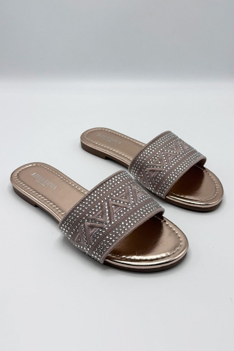 Kree Diamante Patterned Sliders in Rose Gold – Miss Diva