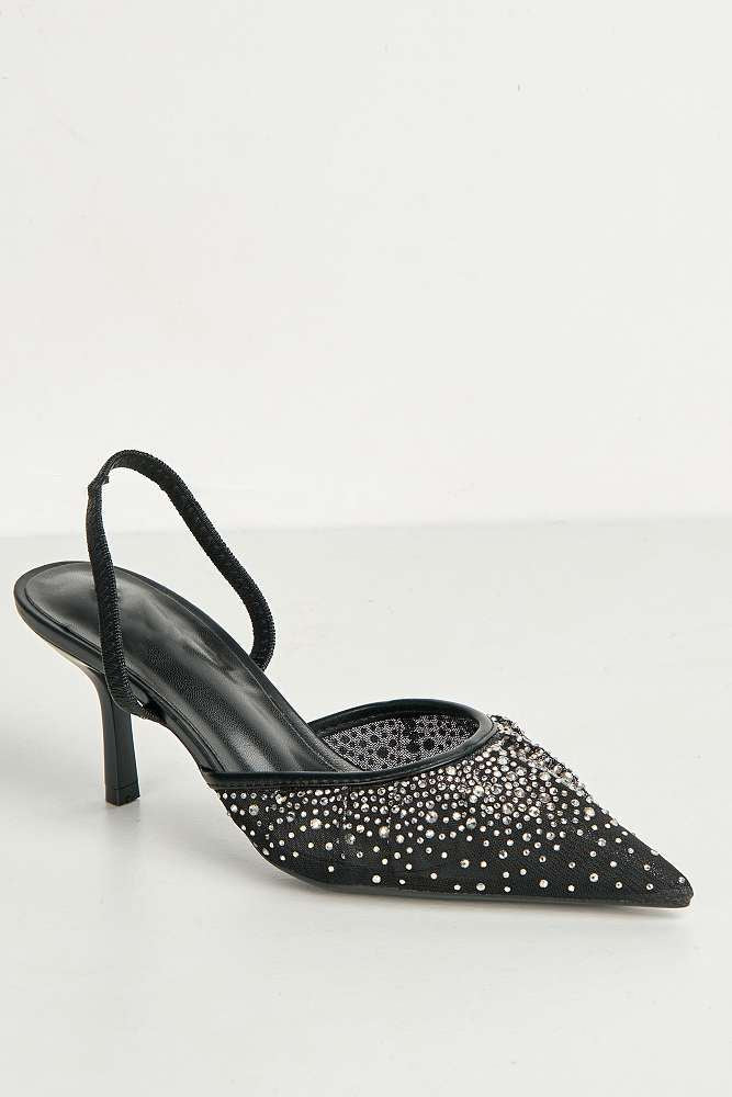 Cynthia Gemstone Embellished Mesh Slingback Court Shoes in Black – Miss ...
