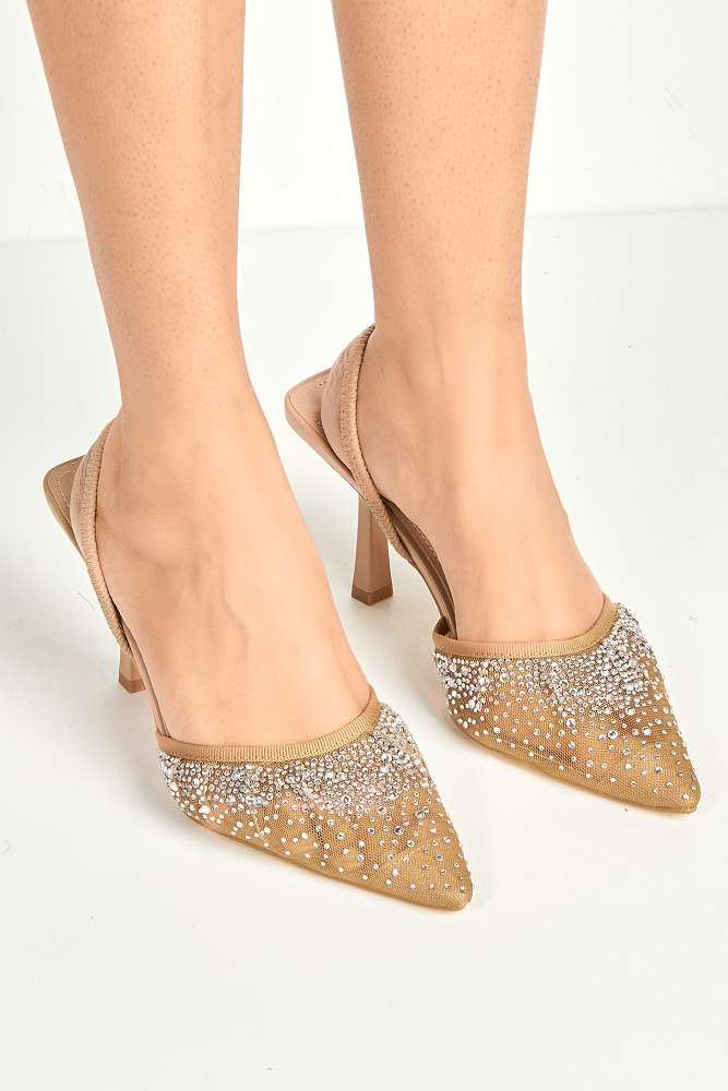 Lenora Gemstone Embellished Mesh Slingback Court Shoes in Nude – Miss Diva